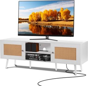 Ratanový TV stojan pro 165,1 cm TV Boho TV stojan s vestavěnou zásuvkou bílá