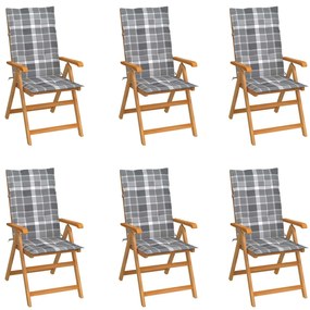 Zahradní židle 6 ks šedé kárované podušky masivní teak,  3065574