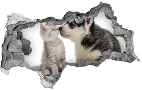 Wallmuralia Díra 3D fototapeta nálepka Pes a kočka 95x73 cm