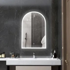 HOMCOM LED koupelnové zrcadlo 90 x 60 cm, nástěnné, 3 barvy, obloukový tvar, hliníkový rám, proti zamlžení a dotykový spínač