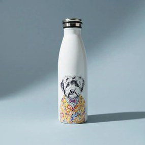 Nerezová termolahev Lord Cockapoo, 500 ml – bílá, matný povrch, s motivem psa v květinovém saku
