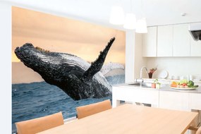 DIMEX | Samolepicí vliesová fototapeta na zeď Skákání velryby MA-5-0508 | 375 x 250 cm | modrá, béžová, šedá
