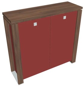 Střední skříň Verno+ S 140 x 46 x 130 cm, skleněné dveře, ořech / červená