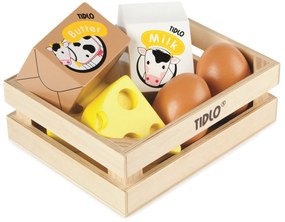 Tidlo Dřevěná bedýnka s mléčnými výrobky a vejci