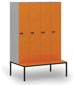 Dřevěná šatní skříňka s lavičkou, 4 oddíly, mechanický kódový zámek, šedá/oranžová