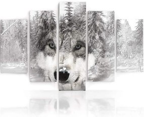 Obraz na plátně pětidílný Wolf Forest Animal Grey - 200x100 cm
