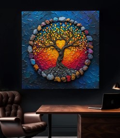 Obraz na plátně - Strom života Sluneční srdce s kamínky FeelHappy.cz Velikost obrazu: 100 x 100 cm