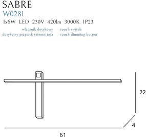 Maxlight W0281 SABRE Nástěnné svítidlo stmívatelné s dotykovým spínačem, IP23, 61 cm, černé