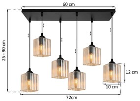 Závěsné svítidlo Riffle Square, 6x medové skleněné stínítko, b