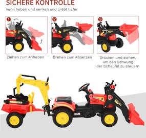 HOMCOM Šlapací traktor s přívěsem a čelním nakladačem, šlapací bagr pro děti od 3 let, červený, 179 x 42 x 59 cm, ideální pro zábavu a hry | Aosom.de