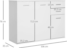 HOMCOM Kuchyňská Komoda se 2 Dveřmi a 2 Zásuvkami v Moderním Stylu pro Jídelnu 106x35x76cm Leskle Bílá