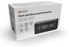 Solight hodiny s budíkem, bílé LED podsvícení, tři budíky, nastavitelná intenzita podsvícení, teploměr, dekor: černé dřevo