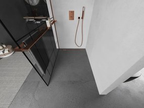 Mexen Kioto+, sprchová zástěna s poličkou a držákem na ručníky 120 x 200 cm, 8mm čiré sklo vzor černý, profil růžové zlato, 800-120-121-60-78