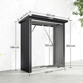 Přístřešek na palivové dřevo, ocelový, zvýšená podlaha, šikmá střecha, 150 x 66,5 x 150 cm, tmavě šedý