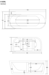 Aplomo Mono volně stojící akrylátová vana, široký okraj Délka vany: 150cm