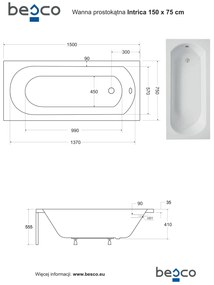 BESCO Obdélníková vana INTRICA Nožičky k vaně - Bez nožiček, Rozměr vany - 150 × 75 cm - VANINTRICA150