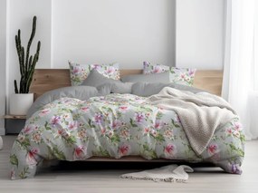 Ervi Bavlněné povlečení oboustranné - Magnolia a lilia na šedém/šedé