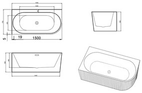 BPS-koupelny Volně stojící rohová akrylátová vana HYD-RIO504B levá 150x75 bílá, odtokový komplet zlatý