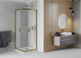 Mexen Rio, čtvercový sprchový kout s posuvnými dveřmi 80 (dveře) x 80 (dveře) x 190 cm, 5mm sklo námraza, zlatý profil + bílá sprchová vanička SLIM, 860-080-080-50-30-4010G