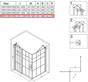 BPS-koupelny Obdélníkový sprchový kout HYD-OK03CM 120x90 černá/transparent - bez vaničky