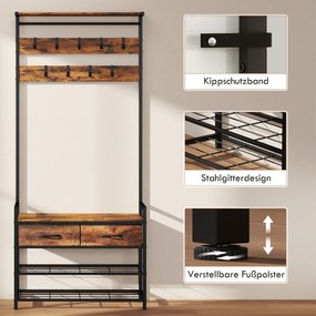 HOMCOM 5v1 věšák s lavicí a úložným prostorem na boty, průmyslový kovový rám, rustikální hnědá