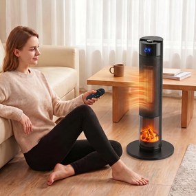 HOMCOM keramický teplovzdušný ventilátor s 3D plamenem, 2000 W, černý