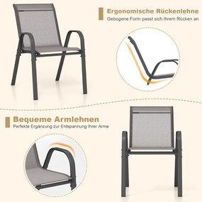 Costway Sada 4 stohovatelných zahradních židlí z textilu a kovového rámu, šedá