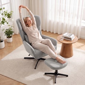 HOMCOM 360° otočné lounge křeslo s podnožkou, výškově nastavitelné, potah z chenille, s bederním polštářem, krémově bílé 83F-010V00GY