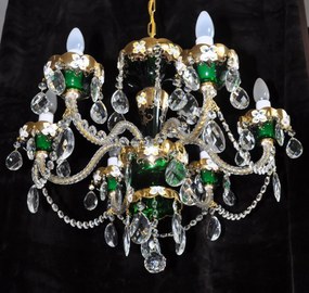 6 Arms Green enamelled crystal chandelier with glass flowers