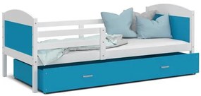 Dětská postel MATYAS P 80x190 cm s bílou konstrukcí v modré barvě se šuplíkem.