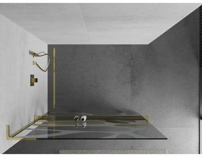 Mexen Kioto+ L, sprchová zástěna Walk-In s poličkou a věšákem 120 x 200 cm, 8mm čiré sklo bílý vzor, ​​zlatý lesklý profil, 800-120-123-50-97