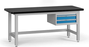 Profesionální dílenský stůl G4, 2 zásuvky, deska MDF + PVC, 1800 x 750 x 800 mm, modrá