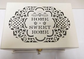 Bílá obrovská dřevěná zdobená třípatrová šperkovnice s nápisem HOME 113553/29528