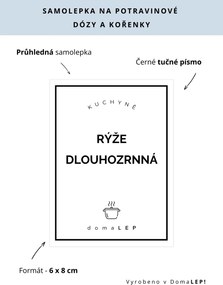 RÝŽE DLOUHOZRNNÁ – průhledná samolepka na dózu, tučné písmo, 6 x 8 cm | DomaLEP