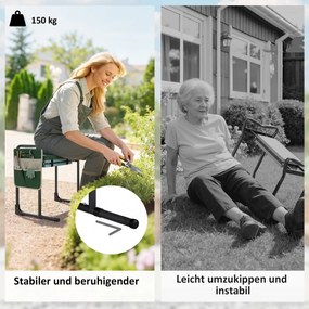 Outsunny skládací zahradní podložka a stolička s kolenní podložkou, kapsou na nářadí a nastavitelnými nohami — nosnost 150 kg, 60,5 × 29 × 50 cm, zel…