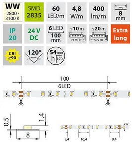 LED pásek McLED 24V teplá bílá CRI90 š=8mm IP20 4,8W/m 60LED/m SMD2835 ML-126.831.60.2