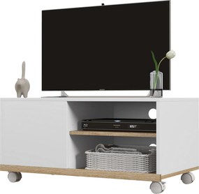 HOMCOM Moderní TV Stánek na Kolečkách pro Televize do 42 Palců - TV Stánek do Obývacího Pokoje s 1 Dvéřmi a 2 Úložnými Policemi 80x45x39,5 cm Bílý