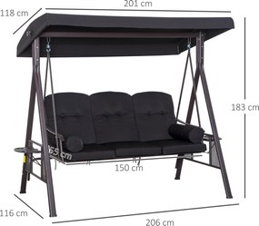 Třímístná zahradní houpačka Outsunny Hollywood se sluneční stříškou a polštáři, kov a polyester, černá, 116 x 206 x 183 cm |