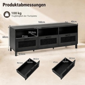 Costway Televizní stolek 160 cm se 3 přihrádkami, černý