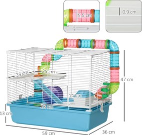 PawHut Klec pro Křečky a Hlodavce 3 Úrovně s Tunelovým Systémem, Lahvičkou na Vodu, Kolotočem, Domkem a Žebříky - rozměry 59L x 36W x 47H cm