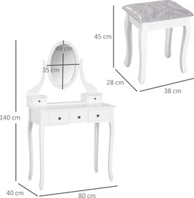 HOMCOM toaletní stolek, komoda na česání s taburetem, sada toaletního stolku, stolik na česání, kosmetický stolek, bílá, 80 x 40 x 140 cm