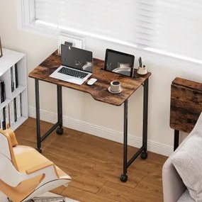 HOMCOM Skládací psací stůl 80 x 52 cm, počítačový stůl na kolečkách s přihrádkou na zařízení, snadná montáž, Hnědá