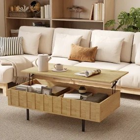 HOMCOM Sklápěcí konferenční stolek se 2 skrytými přihrádkami a žebernými stranami, mid-century-modern styl, 110x55x36,5 cm, dub