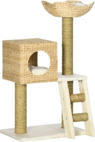 PawHut škrabadlo 100,5 cm s kočičí jeskyní, pelíškem, schody a sisalovými škrabadly, pro kočky do 4,5 kg, Přírodní