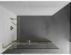 Mexen Kioto+ L, sprchová zástěna Walk-In s poličkou a věšákem 120 x 200 cm, 8mm čiré sklo bílý vzor, ​​zlatý lesklý profil, 800-120-123-50-85