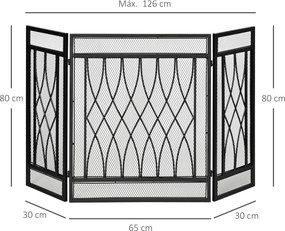HOMCOM Skládací Ochranná Zástěna Krbu s 3 Panelovým Kloubovým Kovovým Rámem 126x3x80 cm Černá