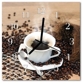 Skleněné hodiny čtvercové Šálek kávy 30x30 cm