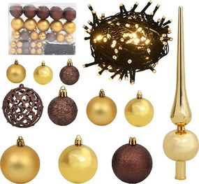 vidaXL 61dílná sada vánočních koulí se špicí a 150 LED bílá a šedá [330097] Barva: gold and bronze