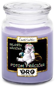 Svíčka Nejdřív kávička – jednorožec (Vůně svíčky: Levandule)