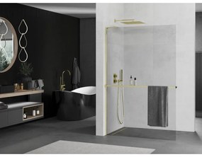 Mexen Kioto+ L, sprchová zástěna Walk-In s poličkou a věšákem 110 x 200 cm, 8mm čiré sklo, zlatý lesklý profil, 800-110-123-50-00